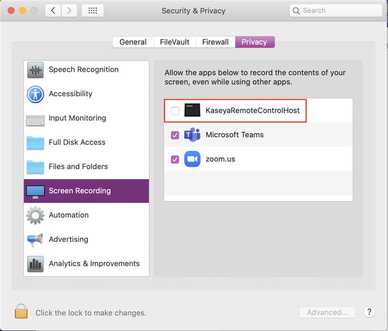macOS Agent Permissions for Remote Control – Kaseya